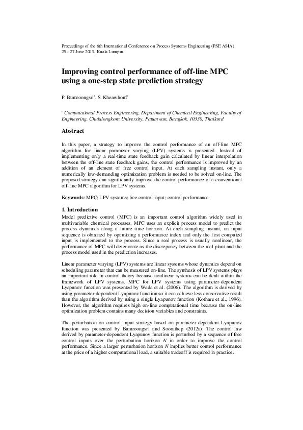 (PDF) Improving control performance of off-line MPC using a one-step state prediction strategy