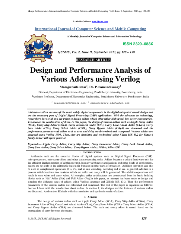 Design and Performance Analysis of Various Adders using Verilog