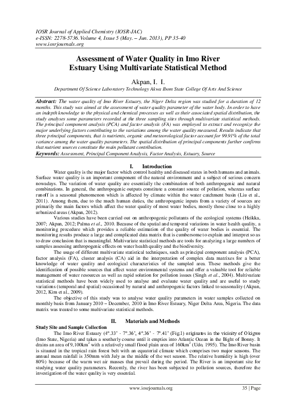 Pdf Assessment Of Water Quality In Imo River Estuary Using Multivariate Statistical Method