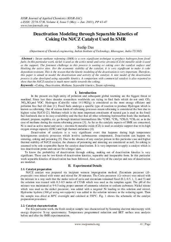 (PDF) Deactivation Modeling through Separable Kinetics of Coking On Ni/CZ Catalyst Used In SMR