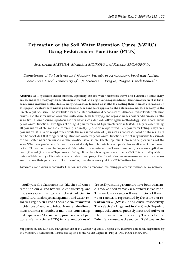 (PDF) Estimation of the Soil Water Retention Curve (SWRC) Using Pedotransfer Functions (PTFs)