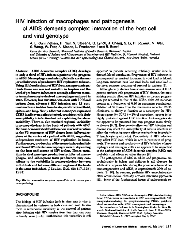(PDF) HIV infection of macrophages and pathogenesis of AIDS dementia ...