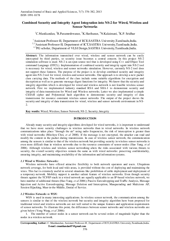 (PDF) Combined Security and Integrity Agent Integration into NS-2 for Wired, Wireless and Sensor ...