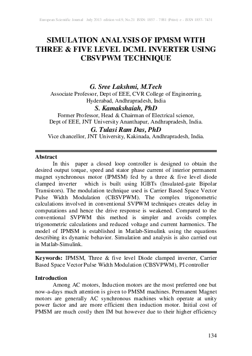 Pdf Simulation Analysis Of Ipmsm With Three And Five Level Dcml Inverter Using Cbsvpwm Technique