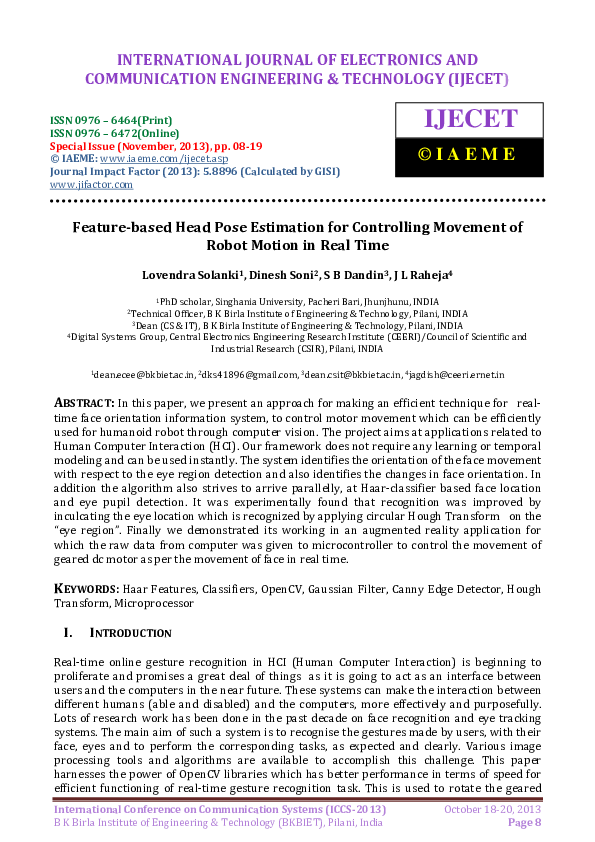 Pdf Feature Based Head Pose Estimation For Controlling Movement Of Robot Motion In Real Time