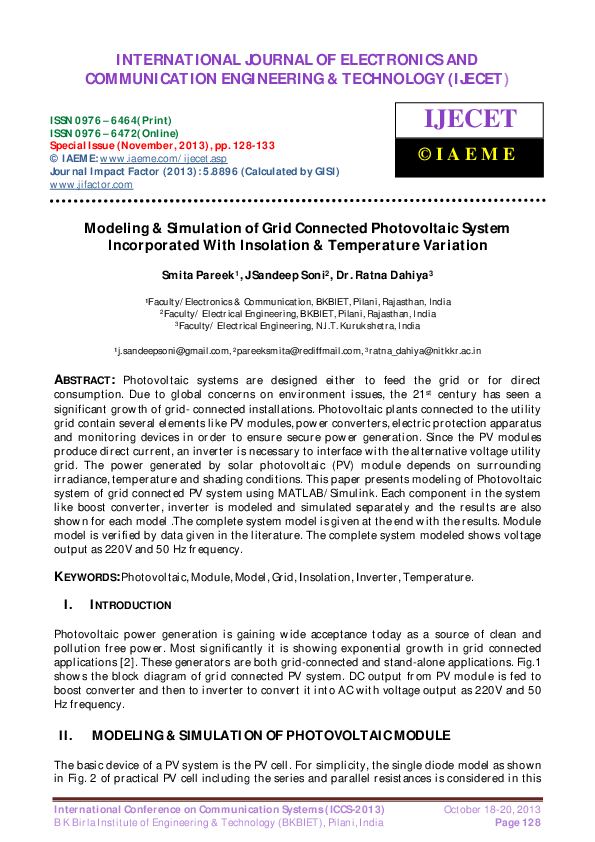 Pdf Modeling And Simulation Of Grid Connected Photovoltaic System