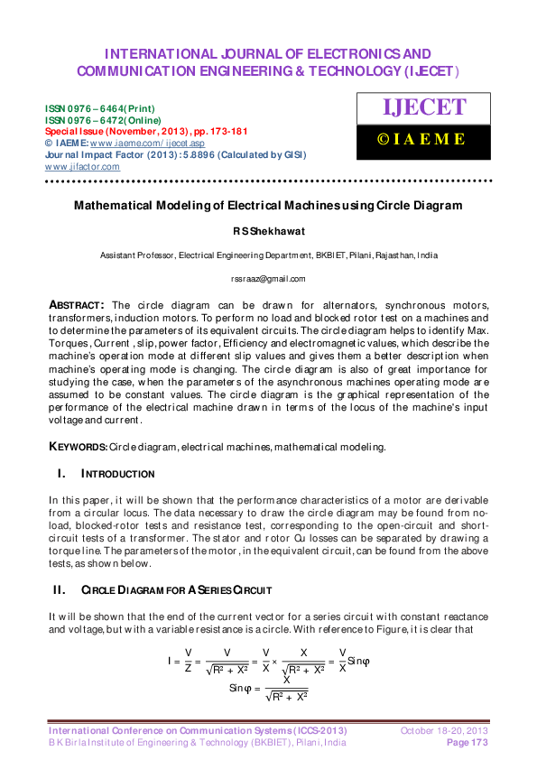 (PDF) Mathematical Modeling of Electrical Machines using Circle Diagram
