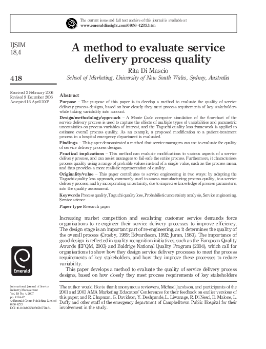 (PDF) A method to evaluate service delivery process quality