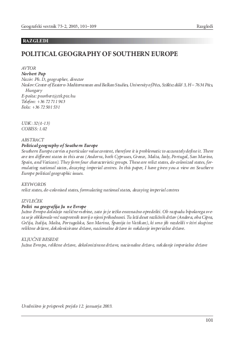(PDF) Political Geography of Southern Europe