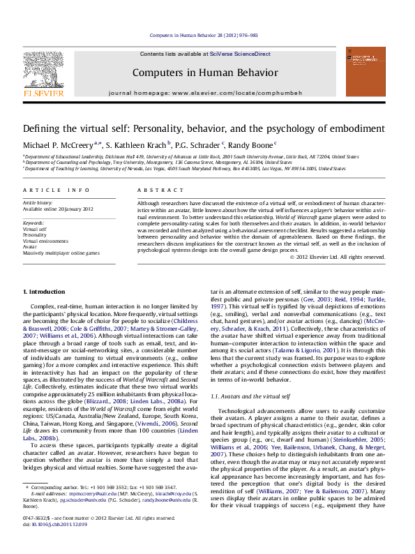 (PDF) Defining the virtual self: Personality, behavior, and the ...