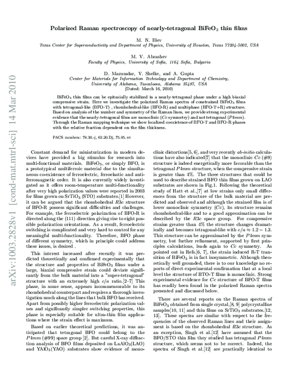 (PDF) Polarized Raman spectroscopy of nearly tetragonal BiFeO3 thin films