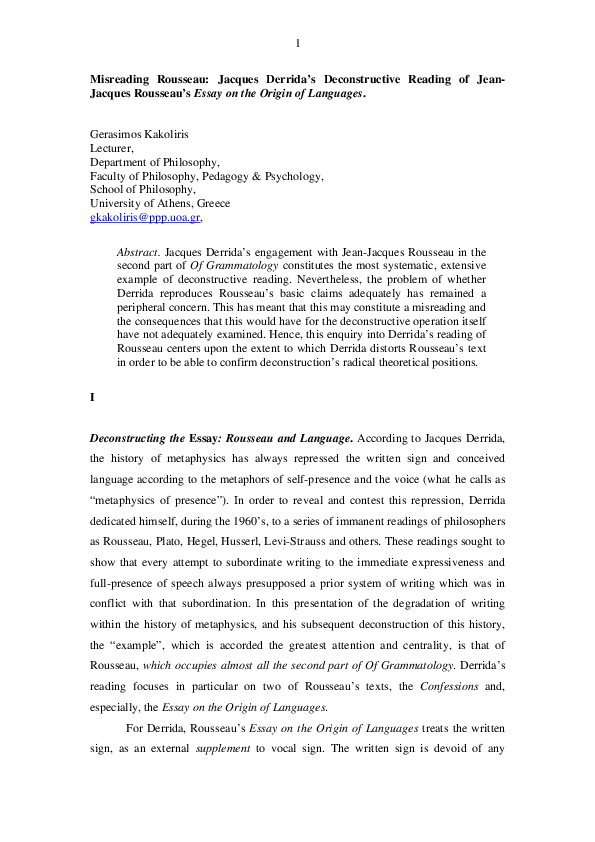 (PDF) Misreading Rousseau: Jacques Derrida's Deconstructive Reading of ...