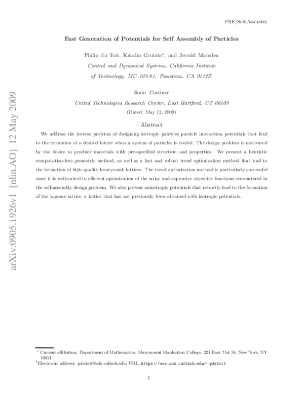 Pdf Fast Generation Of Potentials For Self Assembly Of Particles