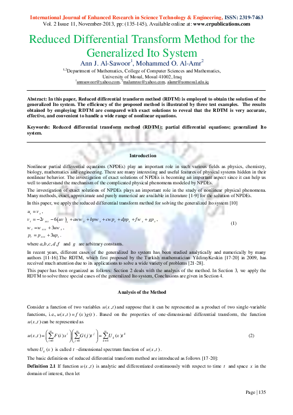 (PDF) Reduced Differential Transform Method for the Generalized Ito System