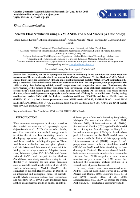 (PDF) Stream Flow Simulation using SVM, ANFIS and NAM Models (A Case Study)
