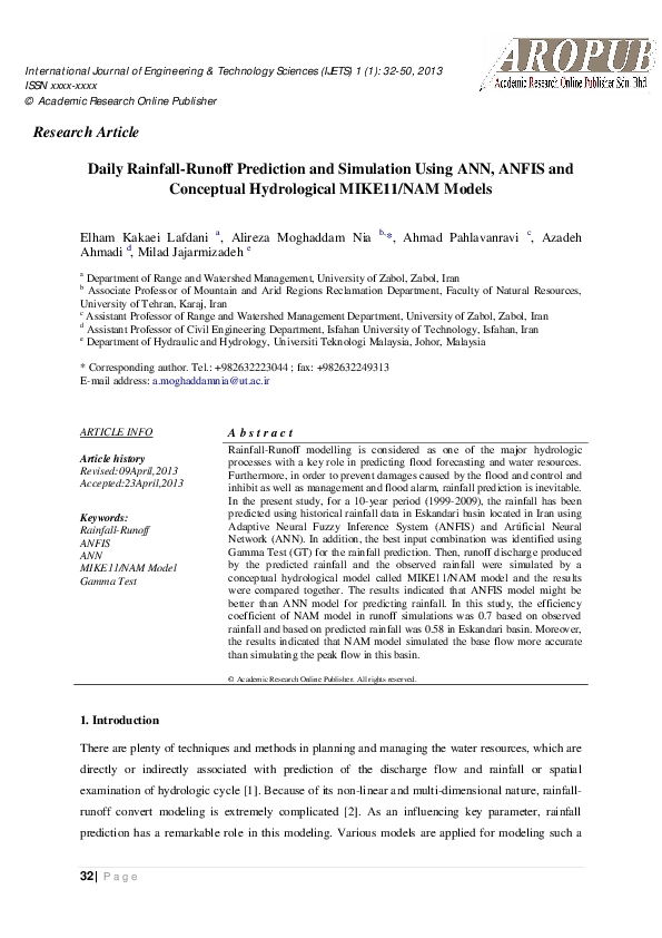 (PDF) Daily Rainfall-Runoff Prediction and Simulation Using ANN, ANFIS and Conceptual ...