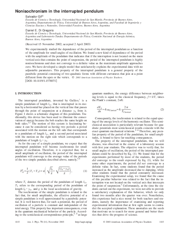 (PDF) Nonisochronism in the interrupted pendulum