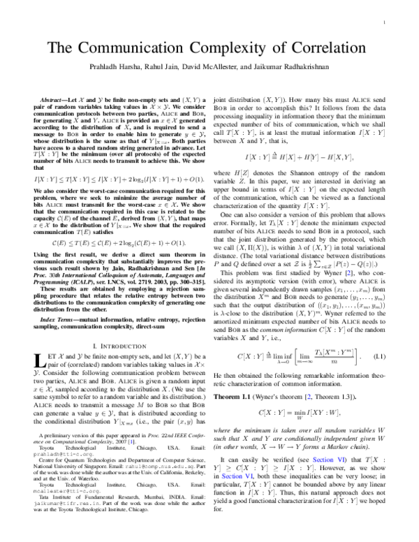 Pdf The Communication Complexity Of Correlation