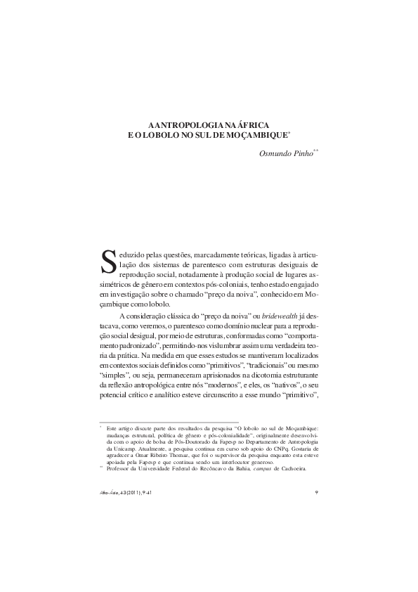(PDF) A Antropologia na Africa e o Lobolo no Sul de Mocambique