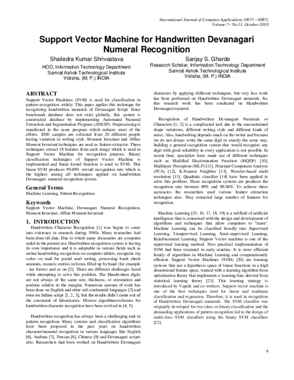 Pdf Support Vector Machine For Handwritten Devanagari Numeral Recognition