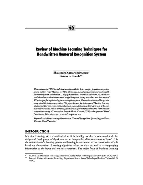 (PDF) Review of Machine Learning Techniques for Handwritten Numeral ...
