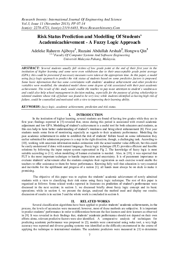 (PDF) Risk Status Prediction and Modelling Of Students' Academicachievement -A Fuzzy Logic Approach