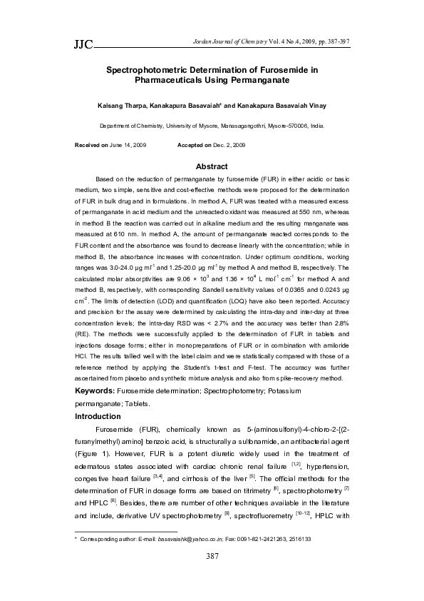 (PDF) Spectrophotometric Determination of Furosemide in Pharmaceuticals Using Permanganate