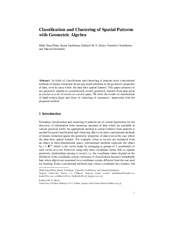 Classification And Clustering Of Spatial Patterns With Geometric Algebra