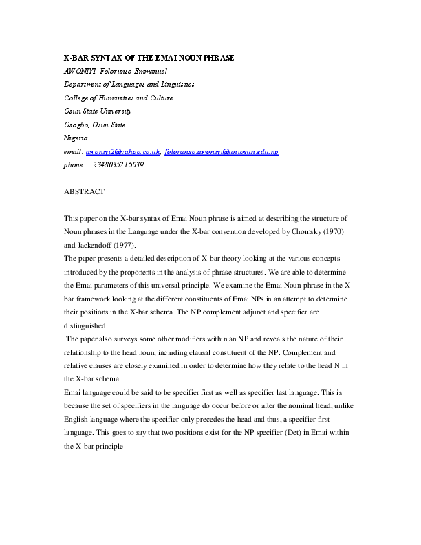 (PDF) X-BAR SYNTAX OF THE EMAI NOUN PHRASE