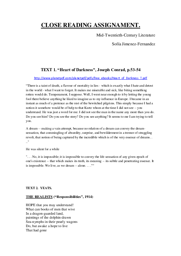 (DOC) CLOSE READING ASSIGNMENT. Mid-Twentieth-Century Literature