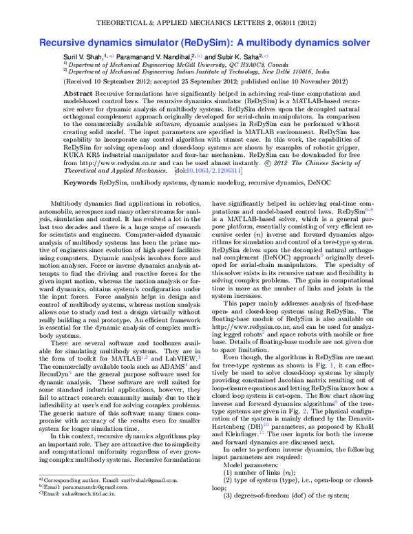 Pdf Recursive Dynamics Simulator Redysim A Multibody Dynamics Solver Paramanand Nandihal