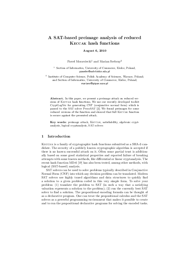 (PDF) A SAT-Based Preimage Analysis of Reduced KECCAK Hash Functions