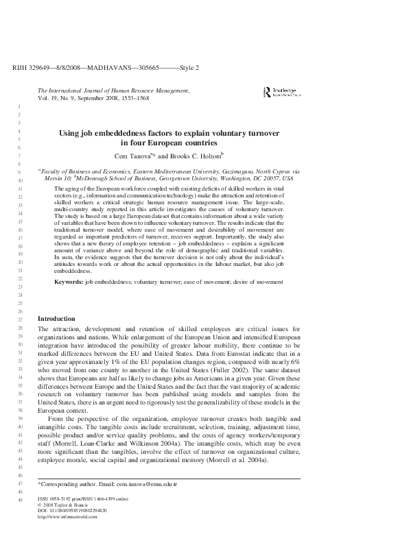 (PDF) Using Job Embeddedness Factors to Explain Voluntary Turnover In ...