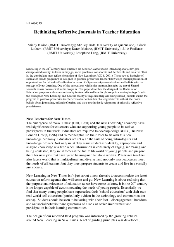 (PDF) Rethinking Reflective Journals In Teacher Education