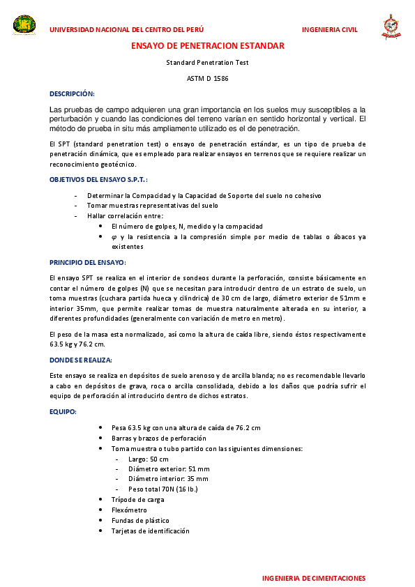 (DOC) ENSAYO DE PENETRACION ESTANDAR Standard Penetration Test ASTM