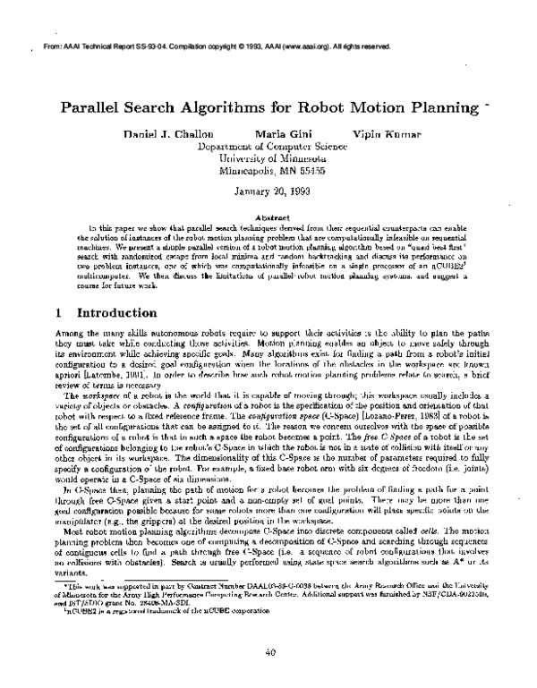 (PDF) Parallel Search Algorithms for Robot Motion Planning