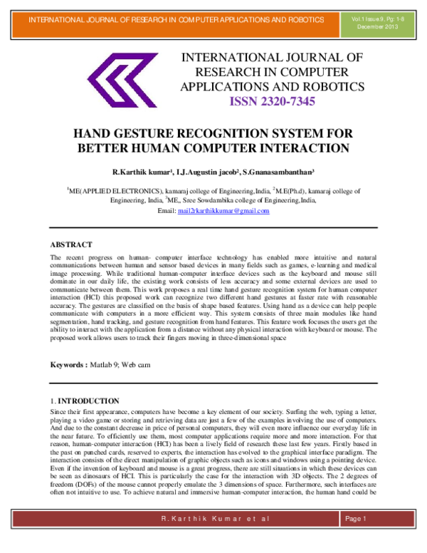 Pdf Hand Gesture Recognition System For Better Human Computer