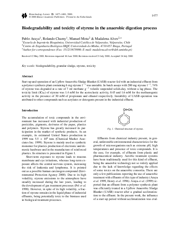 (PDF) Biodegradability and toxicity of styrene in the anaerobic ...