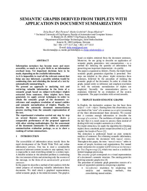 Pdf Semantic Graphs Derived From Triplets With Application In Document Summarization 