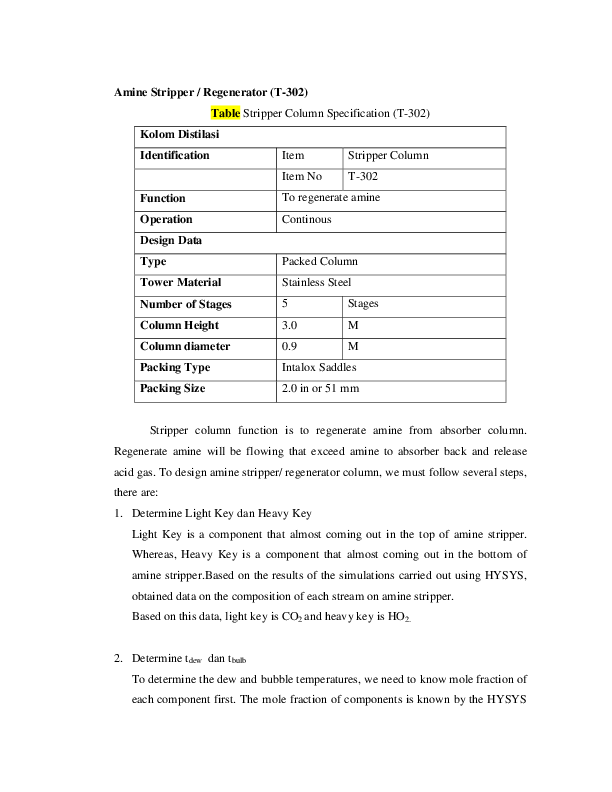 Doc Sizing Of Amine Stripper