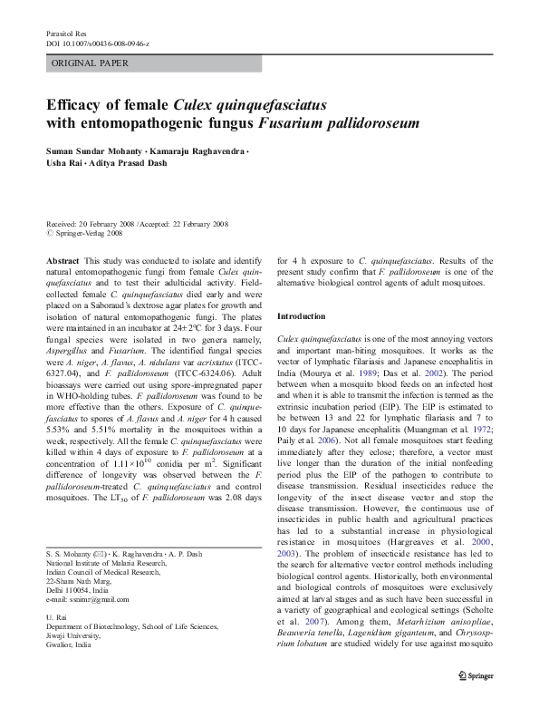 (PDF) Efficacy of female Culex quinquefasciatus with entomopathogenic fungus Fusarium pallidoroseum