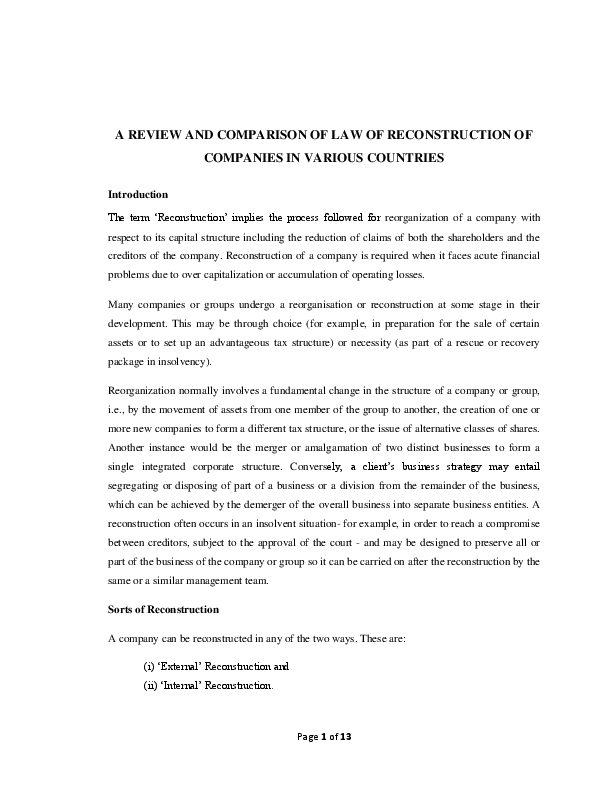 (DOC) A REVIEW AND COMPARISON OF LAW OF RECONSTRUCTION OF VARIOUS COUNTRIES