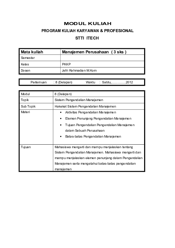 (DOC) MODUL KULIAH PROGRAM KULIAH KARYAWAN & PROFESIONAL STTI ITECH Mata kuliah Manajemen ...