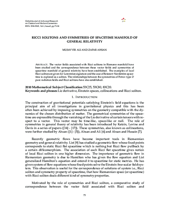 (PDF) RICCI SOLITONS AND SYMMETRIES OF SPACETIME MANIFOLD OF GENERAL ...