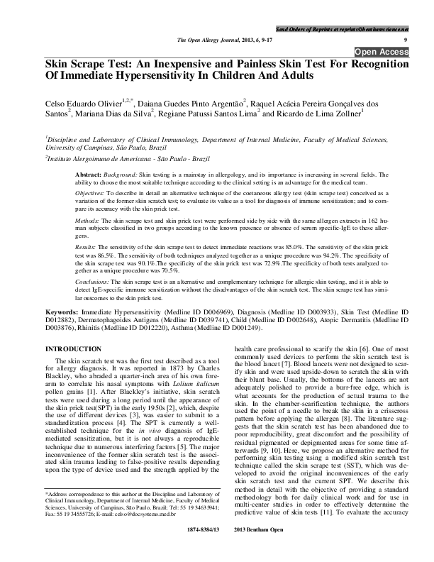 (PDF) Skin Scrape Test for Immediate Hypersensitivity