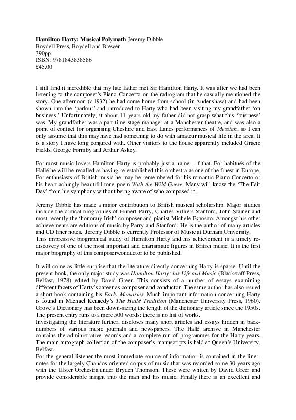 (PDF) Dibble, Jeremy: "Hamilton Harty: Musical Polymath"
