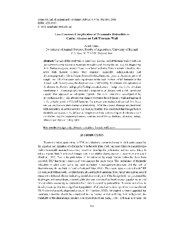 (PDF) Less Common Complication of Traumatic Reticulitis In Cattle ...