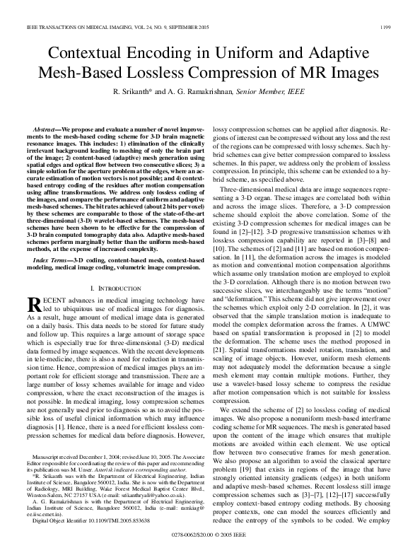 (PDF) Contextual encoding in uniform and adaptive mesh-based lossless compression of MR images