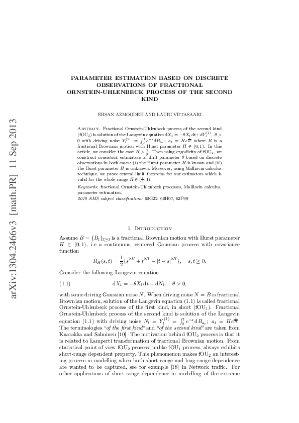 (PDF) PARAMETER ESTIMATION BASED ON DISCRETE OBSERVATIONS OF FRACTIONAL ORNSTEIN-UHLENBECK ...