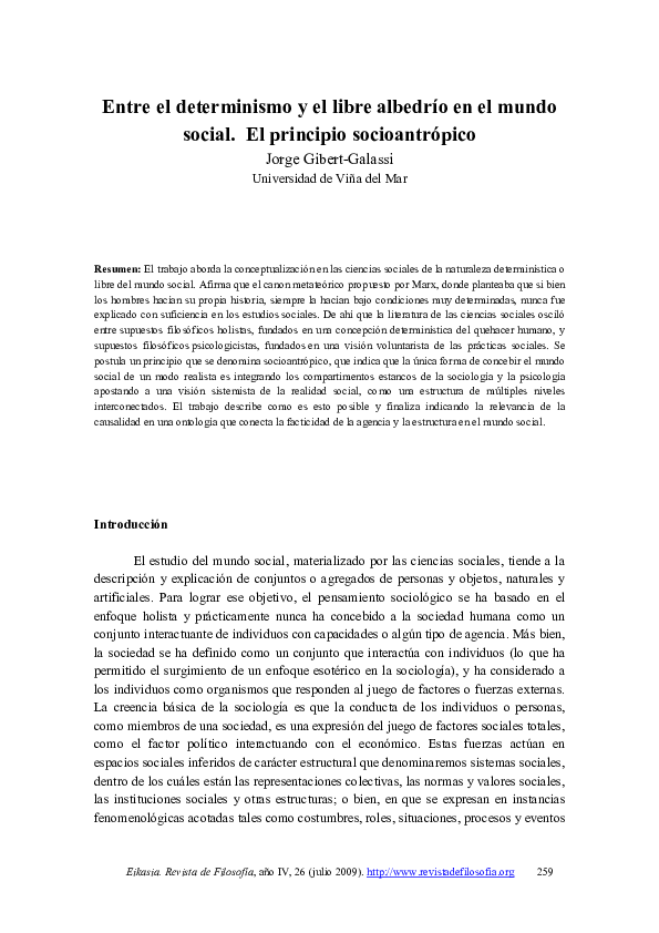 (PDF) Entre el determinismo y el libre albedrío en el mundo social. El principio socioantrópico